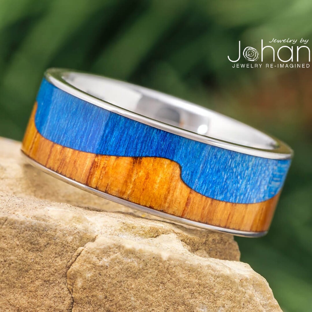 Titanium Wedding Band With Blue Box Elder Burl and Teak Wood - Etsy