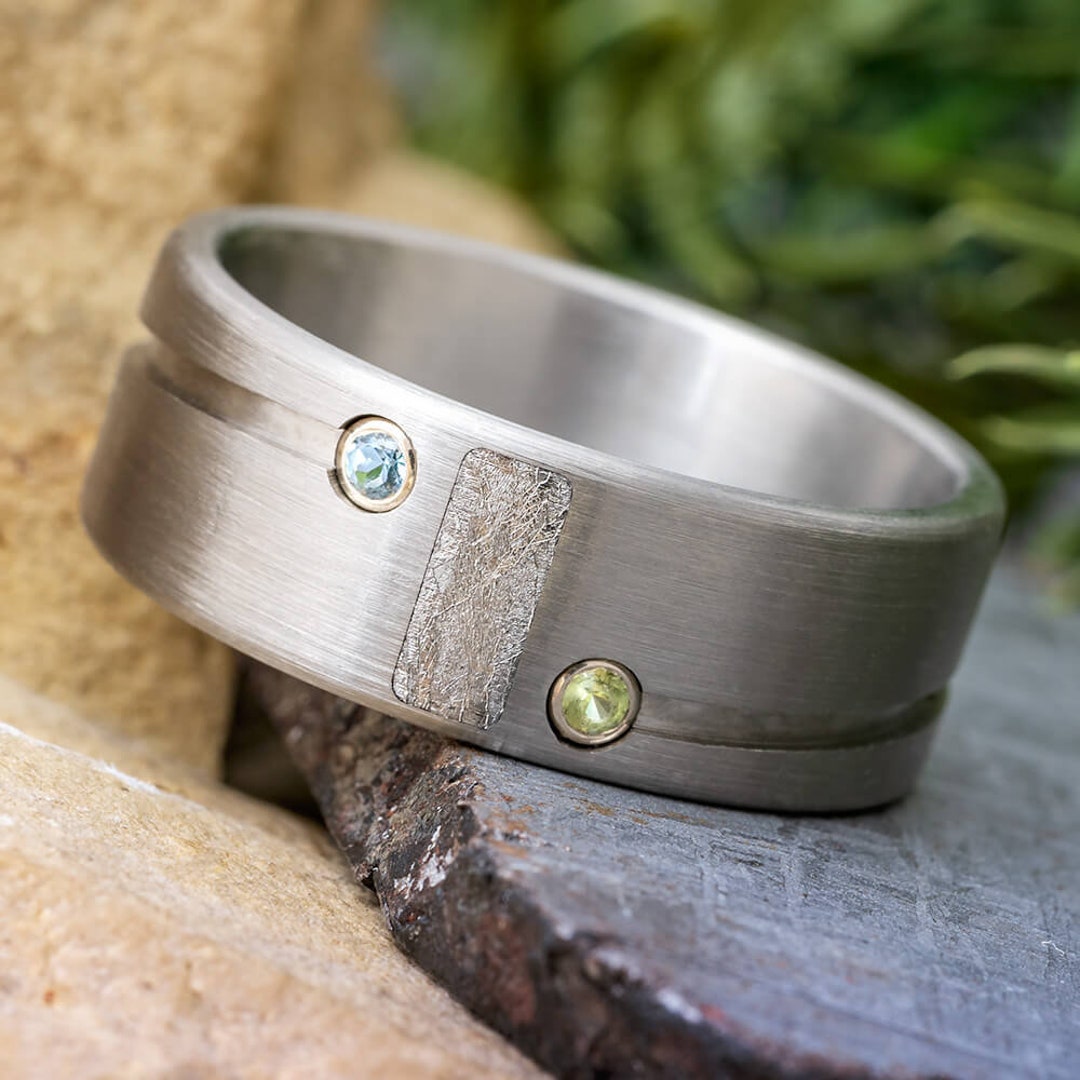 Double Birthstone Wedding Band With Meteorite - Etsy