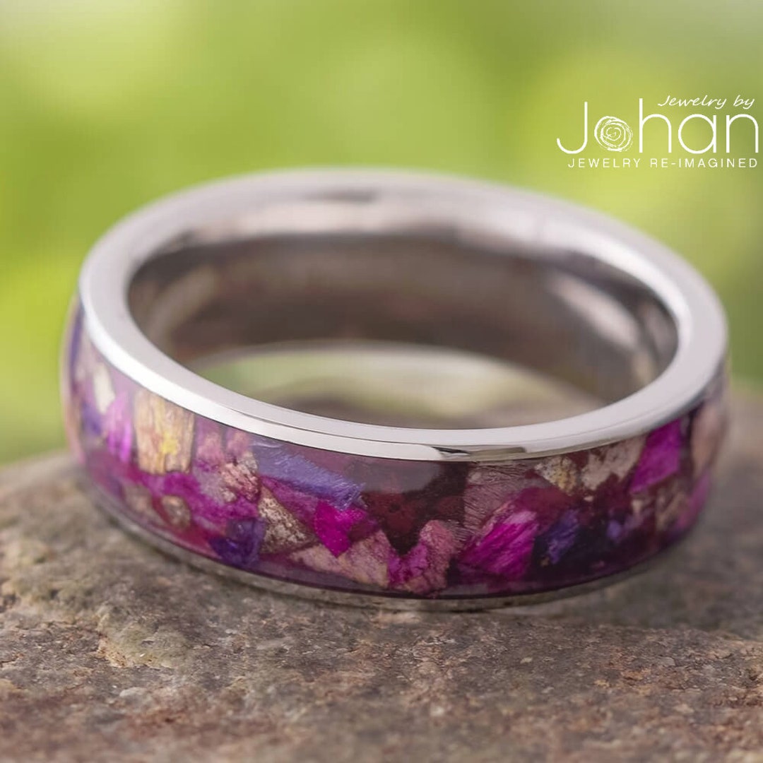 Flower Petal Ring, Titanium Wedding Band Inlaid With Personalized ...
