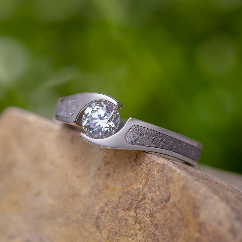 Tension Set Diamond Engagement Ring With Authentic Meteorite | Etsy