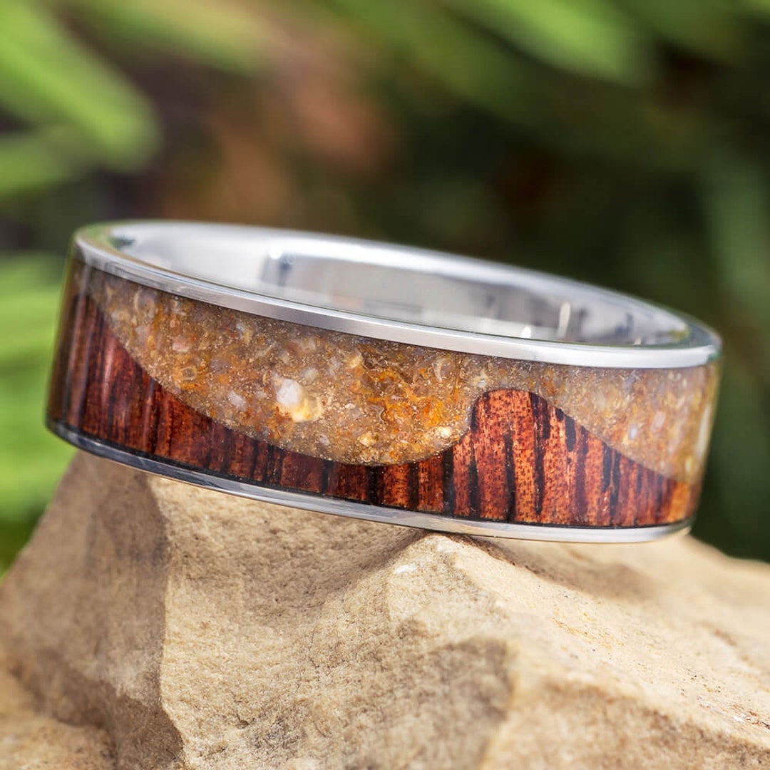 Dinosaur Bone & Wood Wedding Ring With Unique Wavy Design - Etsy