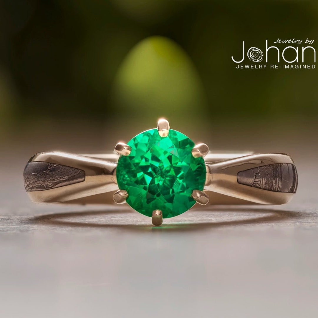 Emerald & Meteorite Engagement Ring, Solitaire Emerald Ring With Six ...