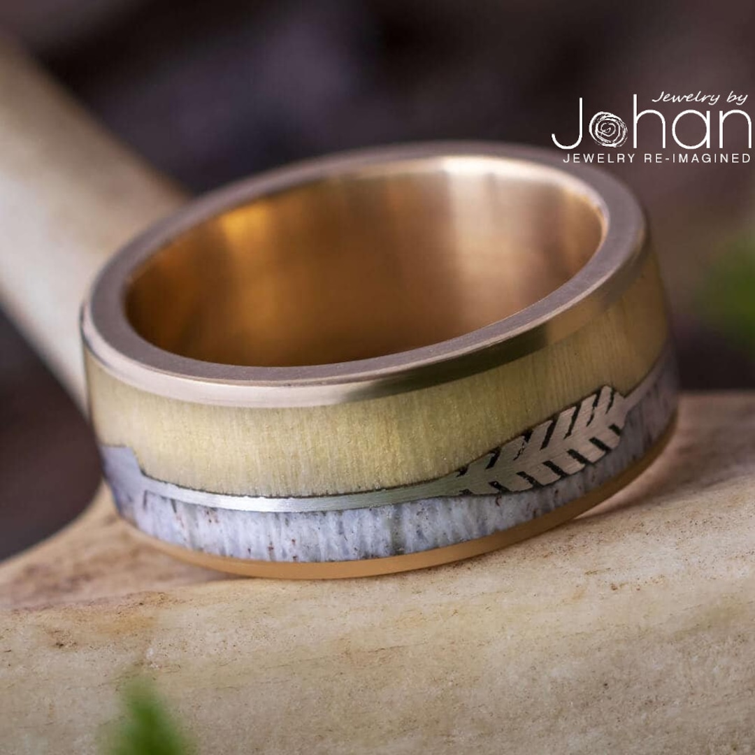 Gold Arrow Ring, Deer Antler and Aspen Wood Wedding Band - Etsy