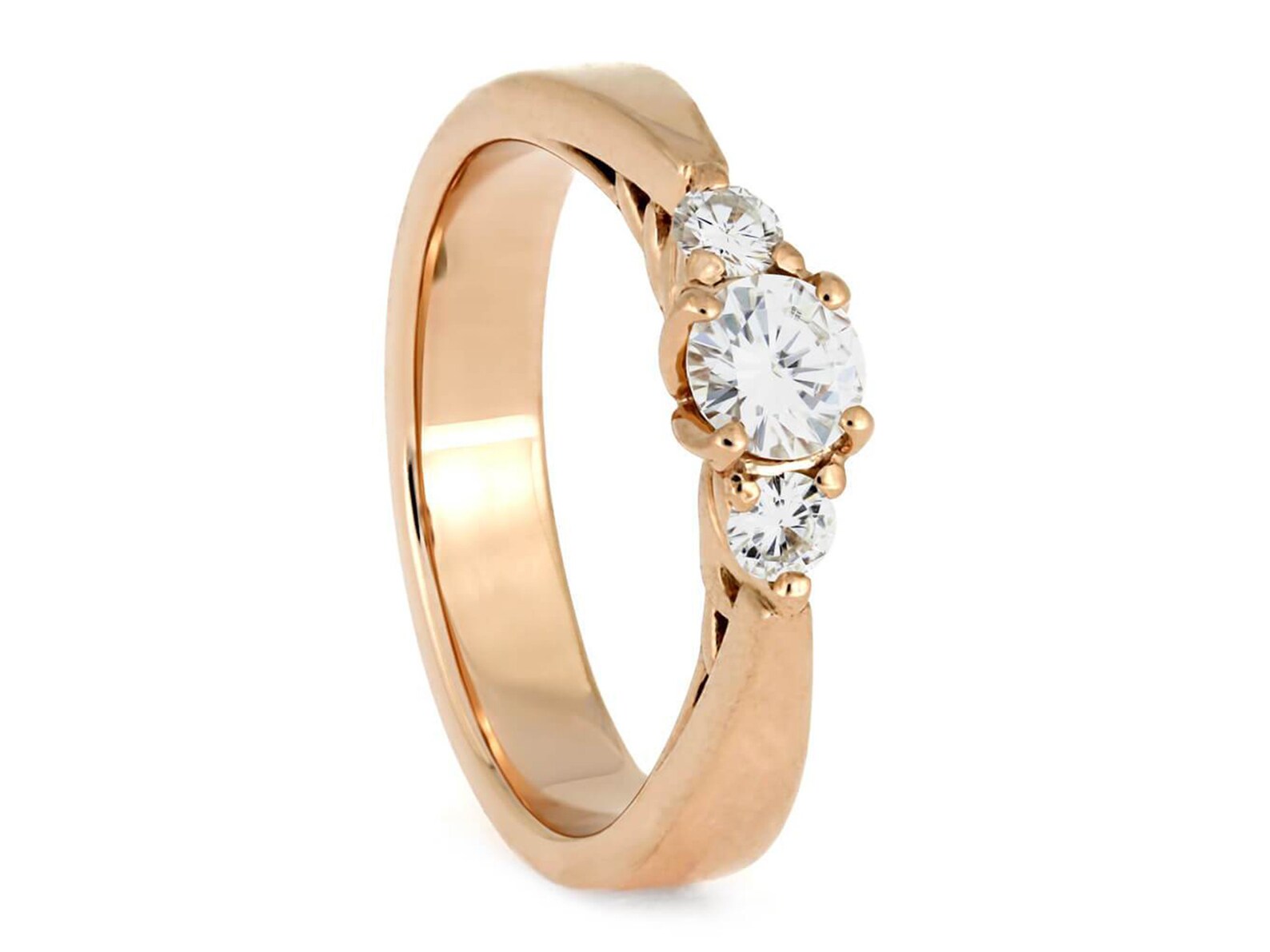 Three Stone Engagement Ring in Rose Gold With Floral Prongs - Etsy