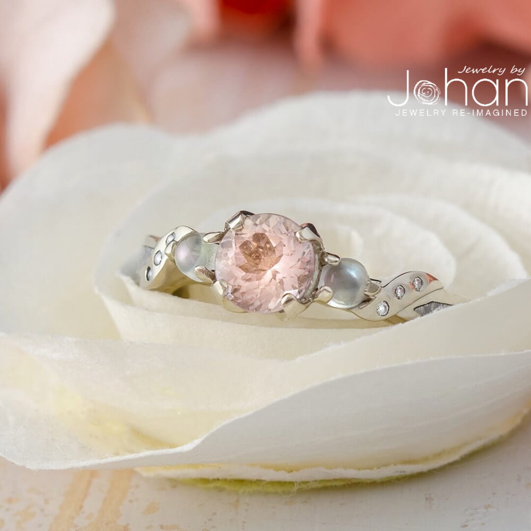 Morganite & Moonstone Engagement Ring With Meteorite Inlay, Round Cut ...