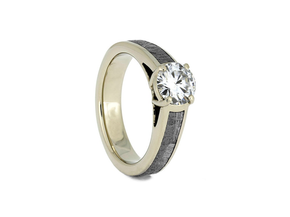 Meteorite Engagement Ring With Round Cut Moissanite Custom | Etsy