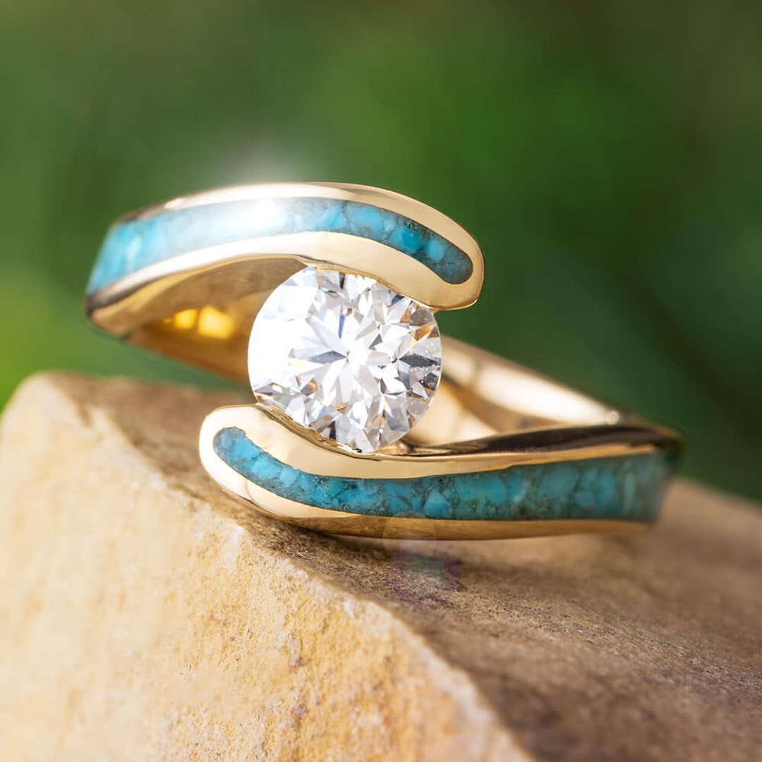 Turquoise Engagement Ring With Yellow Gold Faux Tension Setting - Etsy