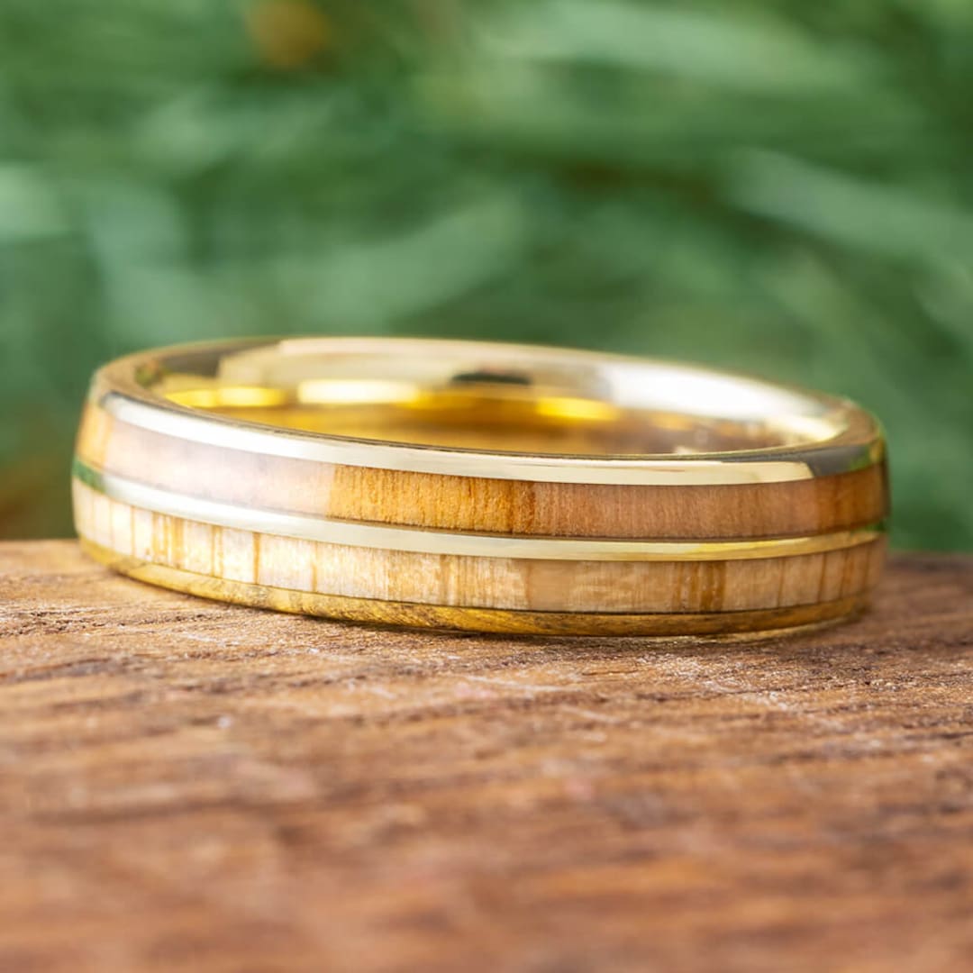 Double Inlay Wood Wedding Band in 14k Yellow Gold - Etsy