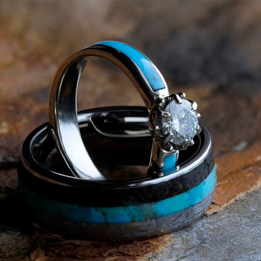 Turquoise Wedding Ring Set With Lotus Prong Engagement Ring - Etsy