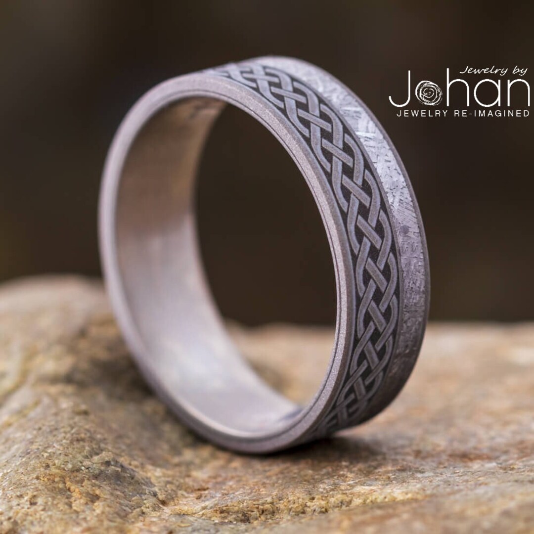 Celtic Men's Wedding Band With Meteorite Inlay, Men's Ring With Celtic ...