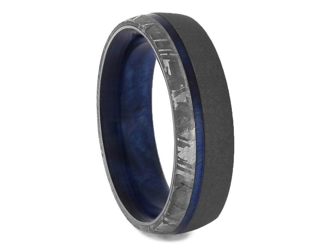 Meteorite Ring With Sandblasted Titanium and Blue Box Elder - Etsy