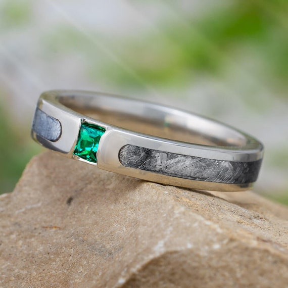 Emerald & Meteorite Engagement Ring Wedding Band With - Etsy