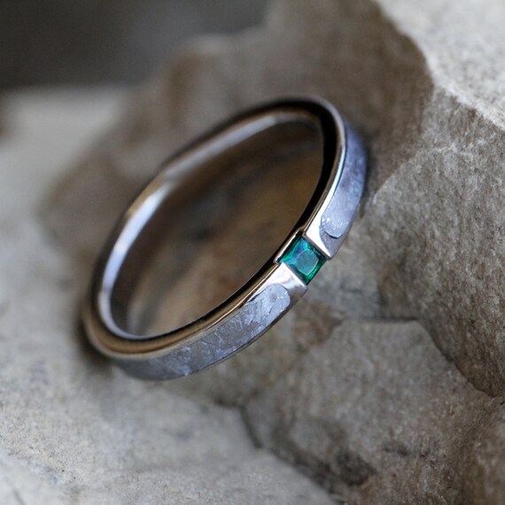 Emerald & Meteorite Engagement Ring Wedding Band With | Etsy