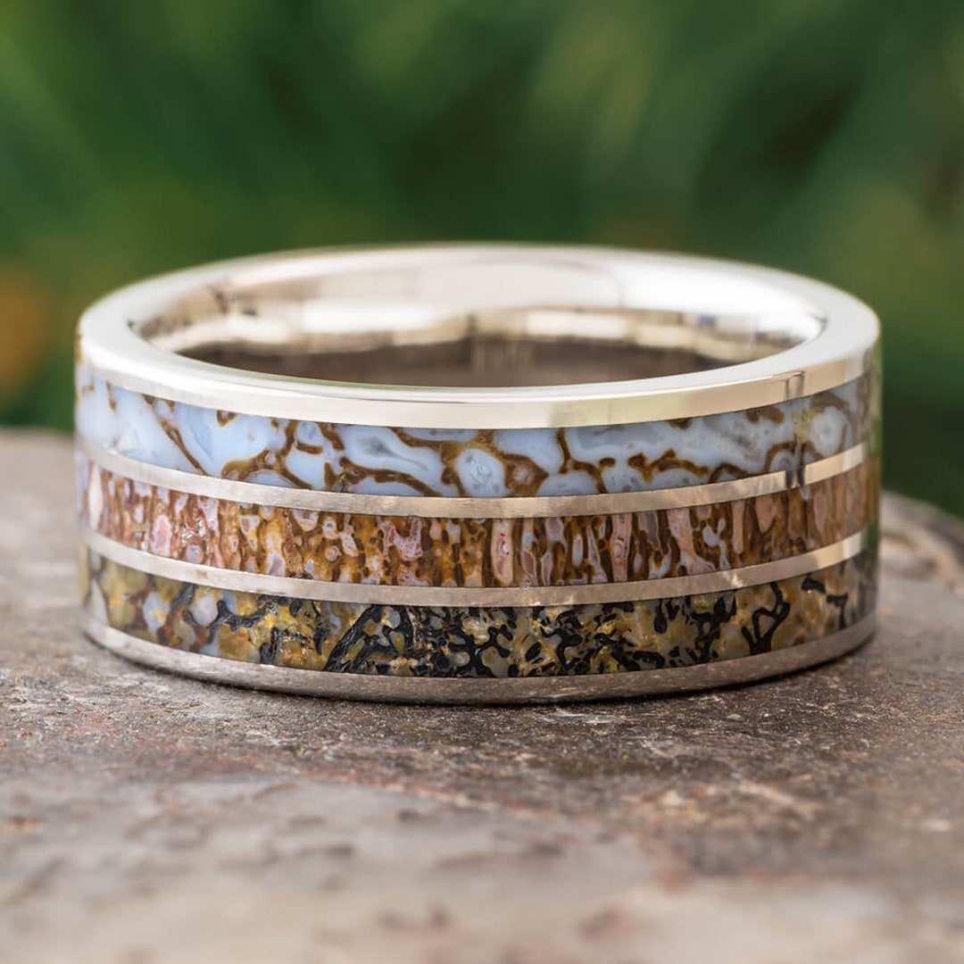 Dinosaur Bone Wedding Band With Three Inlays - Etsy