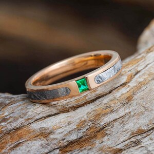 Emerald & Meteorite Engagement Ring Wedding Band With - Etsy