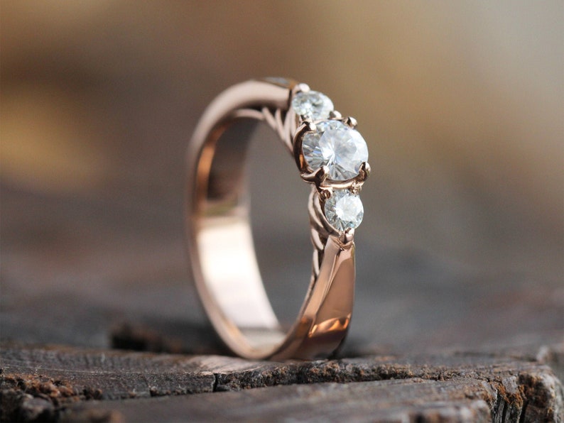 Three Stone Engagement Ring in Rose Gold With Floral Prongs - Etsy