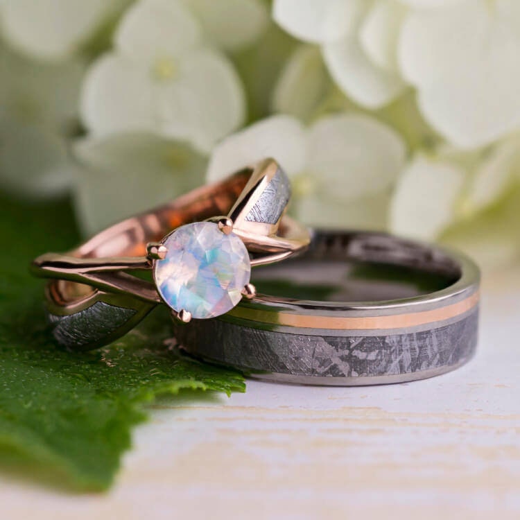Meteorite Rose Gold Wedding Ring Set With Moonstone Engagement | Etsy