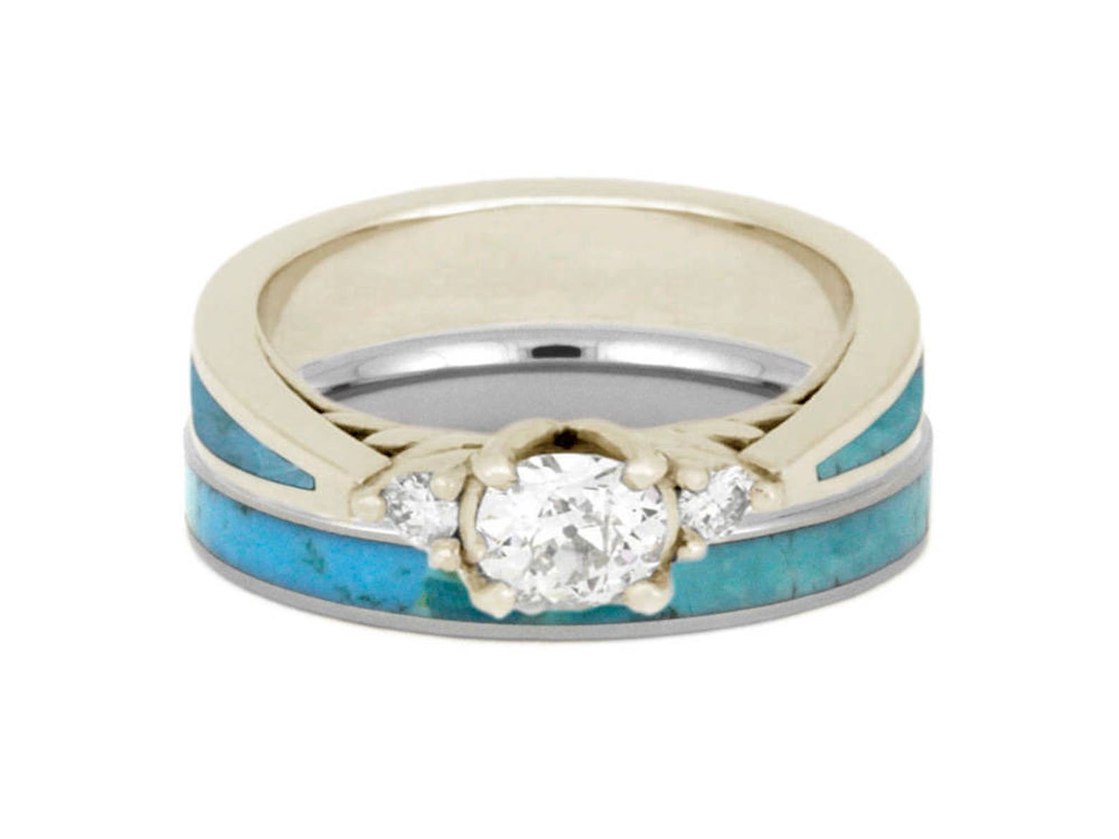 Turquoise Bridal Set With Three Stone Engagement Ring and | Etsy