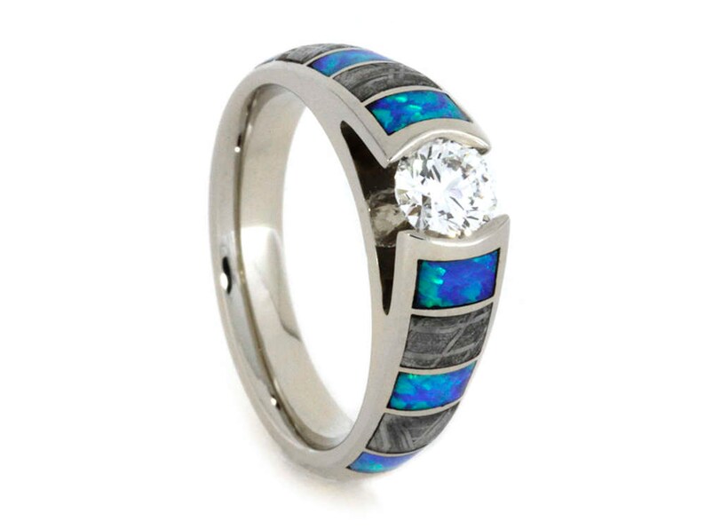Blue Opal & Meteorite Ring Set Cathedral Style Engagement - Etsy