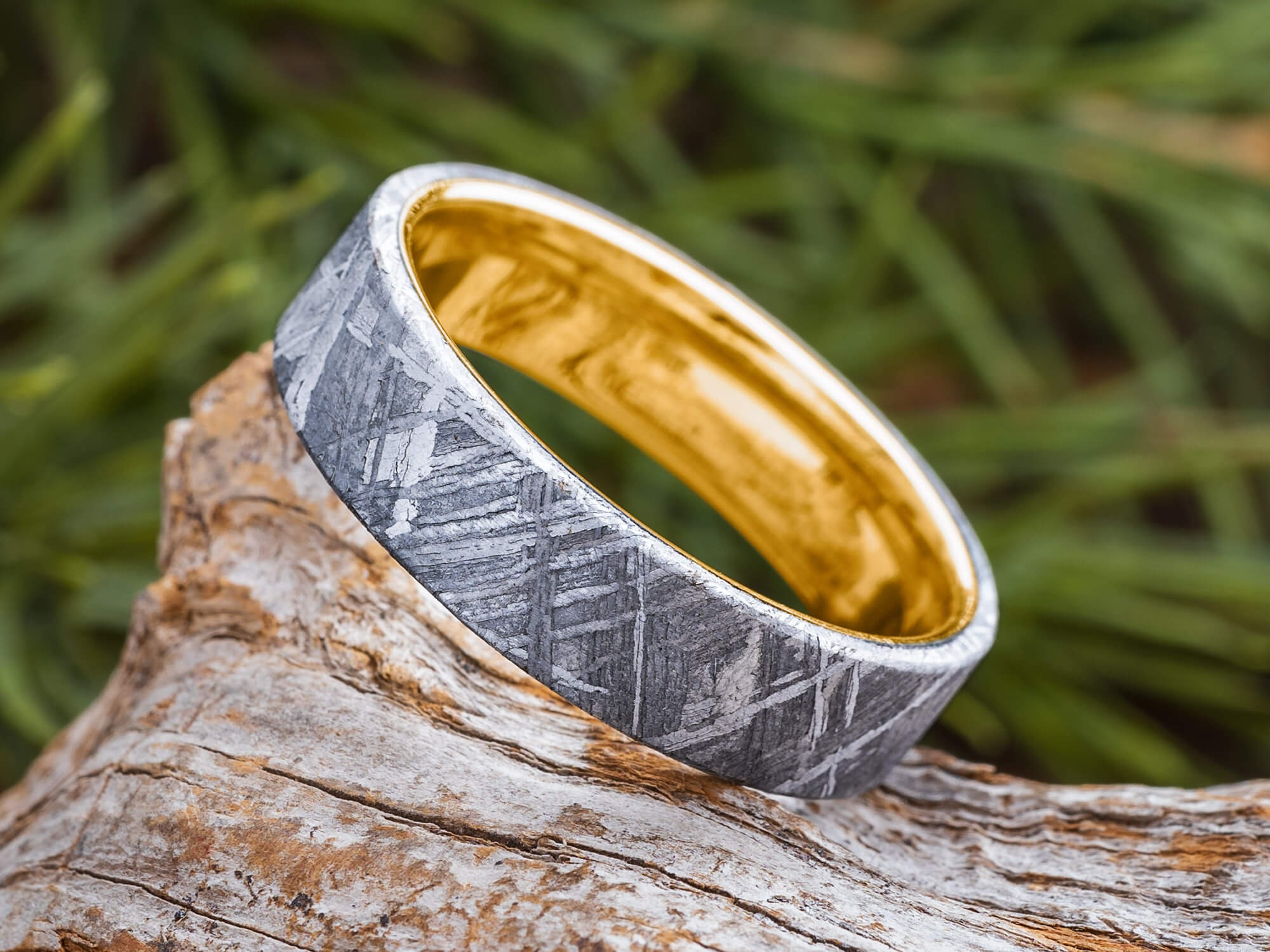 Authentic Meteorite Men's Wedding Band in Yellow Gold | Etsy