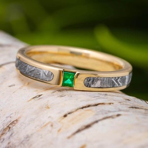 Emerald & Meteorite Engagement Ring Wedding Band With - Etsy