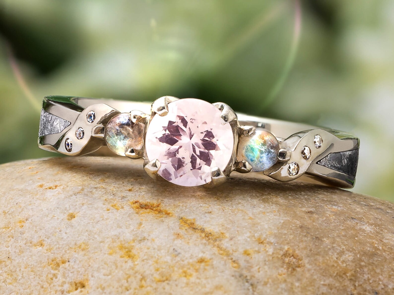 Morganite & Moonstone Engagement Ring With Meteorite Inlay - Etsy