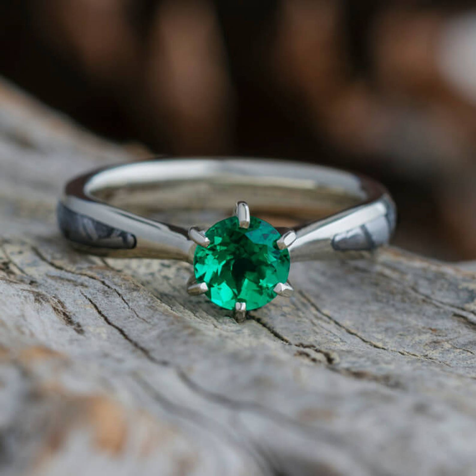 Emerald & Meteorite Engagement Ring Solitaire Emerald Ring | Etsy