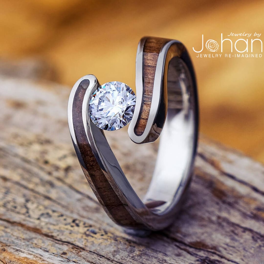 Engagement Ring With Wooden Inlay, Unique Tension Setting Engagement ...