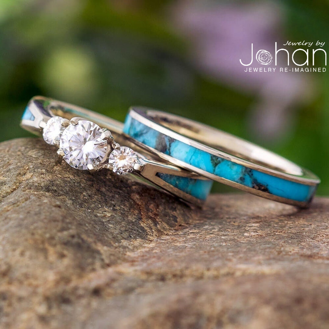Turquoise Bridal Set With Three Stone Engagement Ring and Matching ...