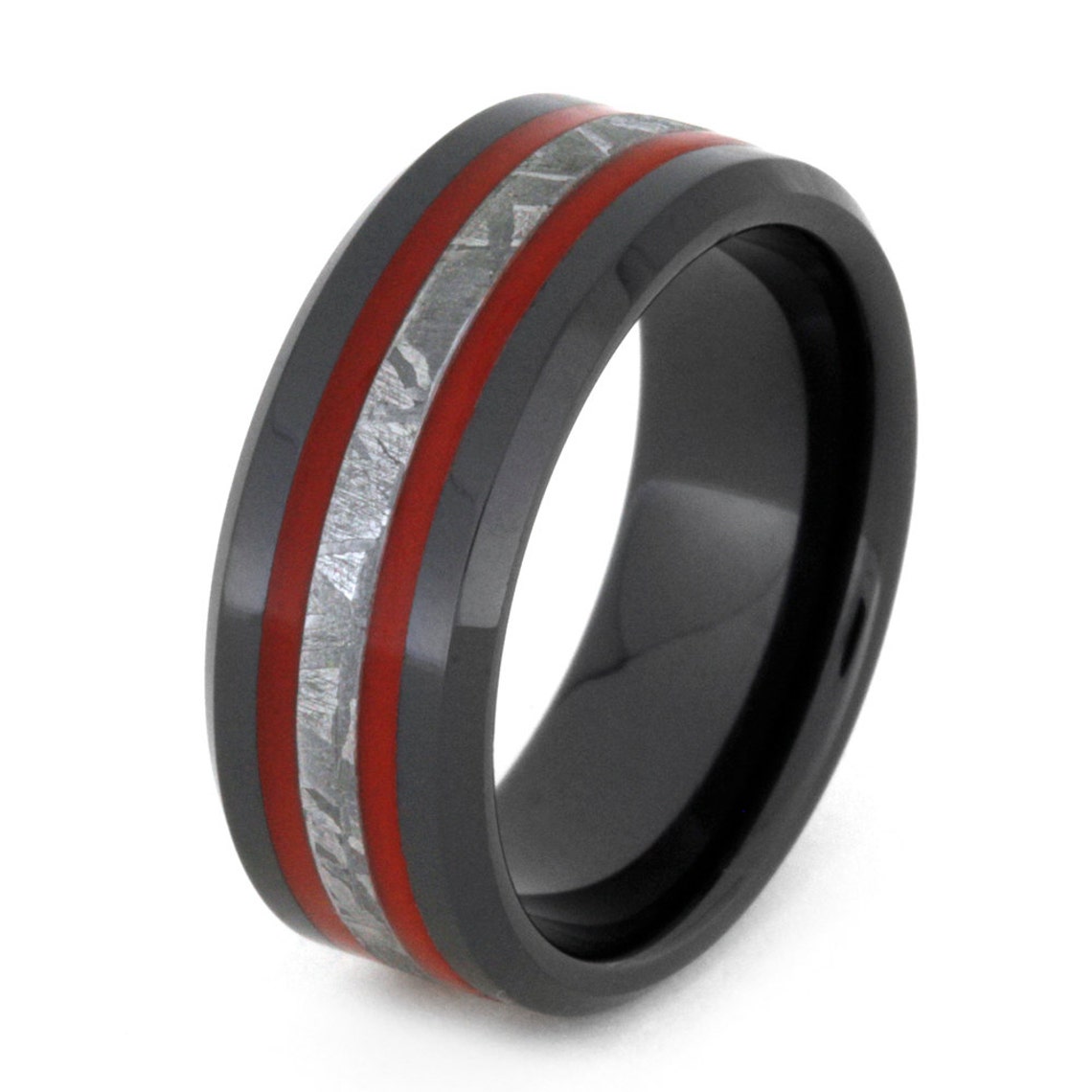 Black & Red Men's Wedding Band With Meteorite Red Enamel | Etsy