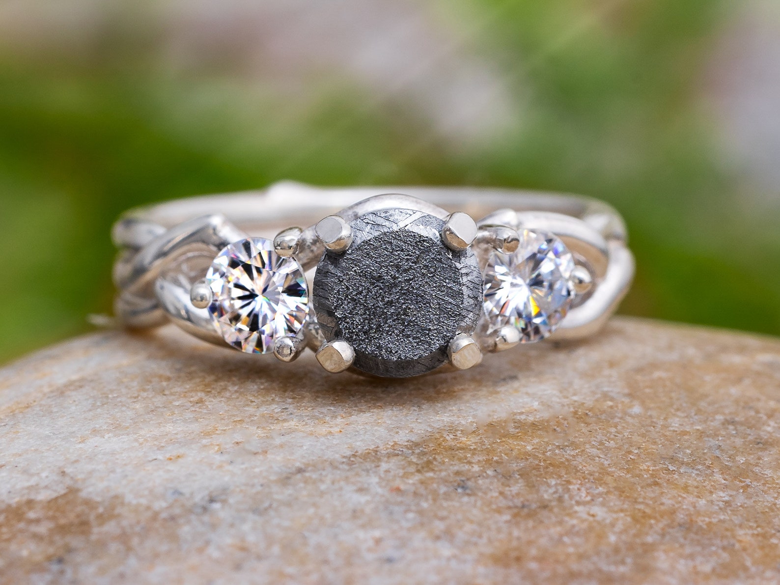 Meteorite Stone Engagement Ring With Moissanite Accents in | Etsy