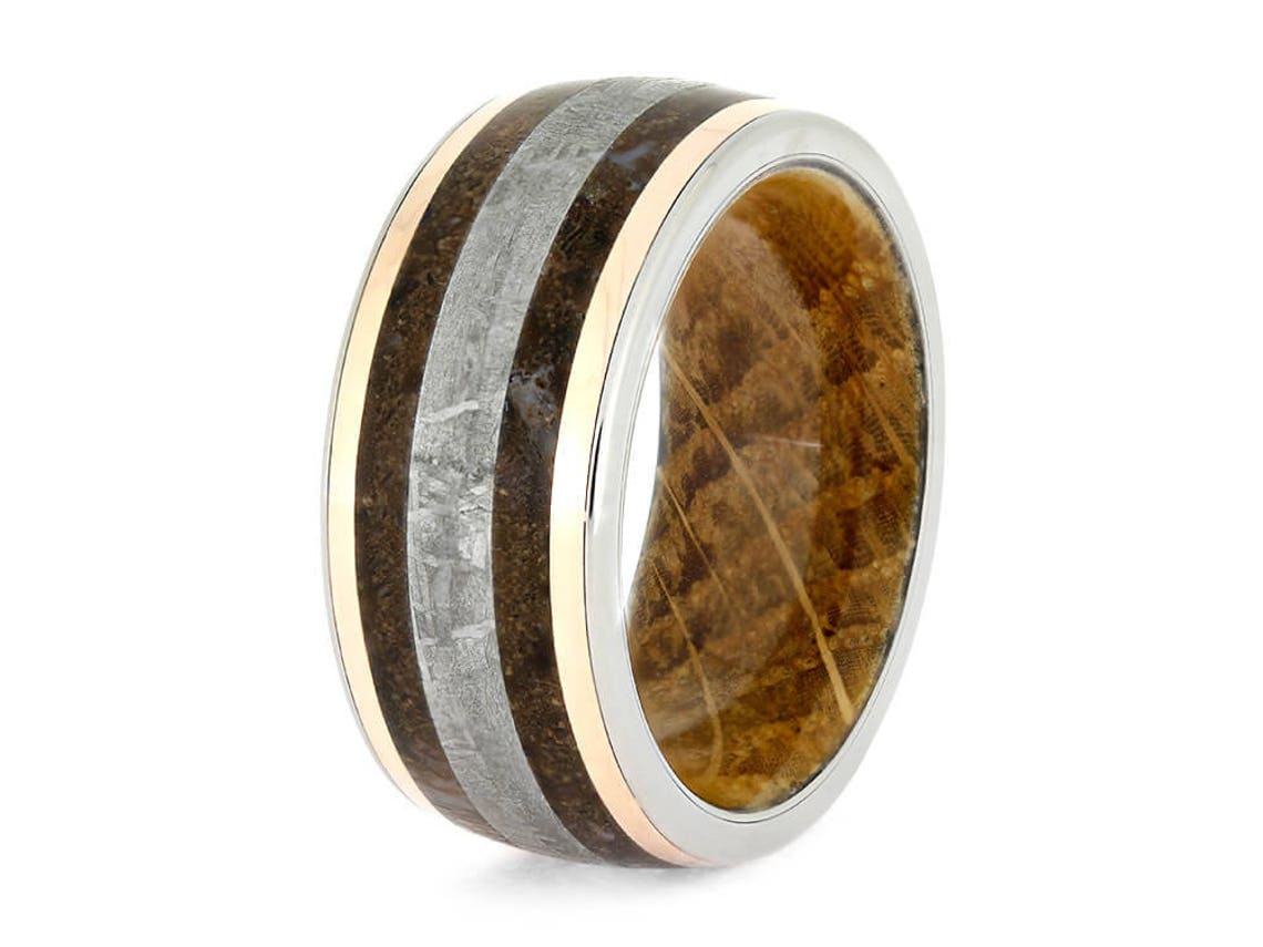 Rose Gold Fossil Ring Meteorite Wedding Band With Whiskey Oak | Etsy