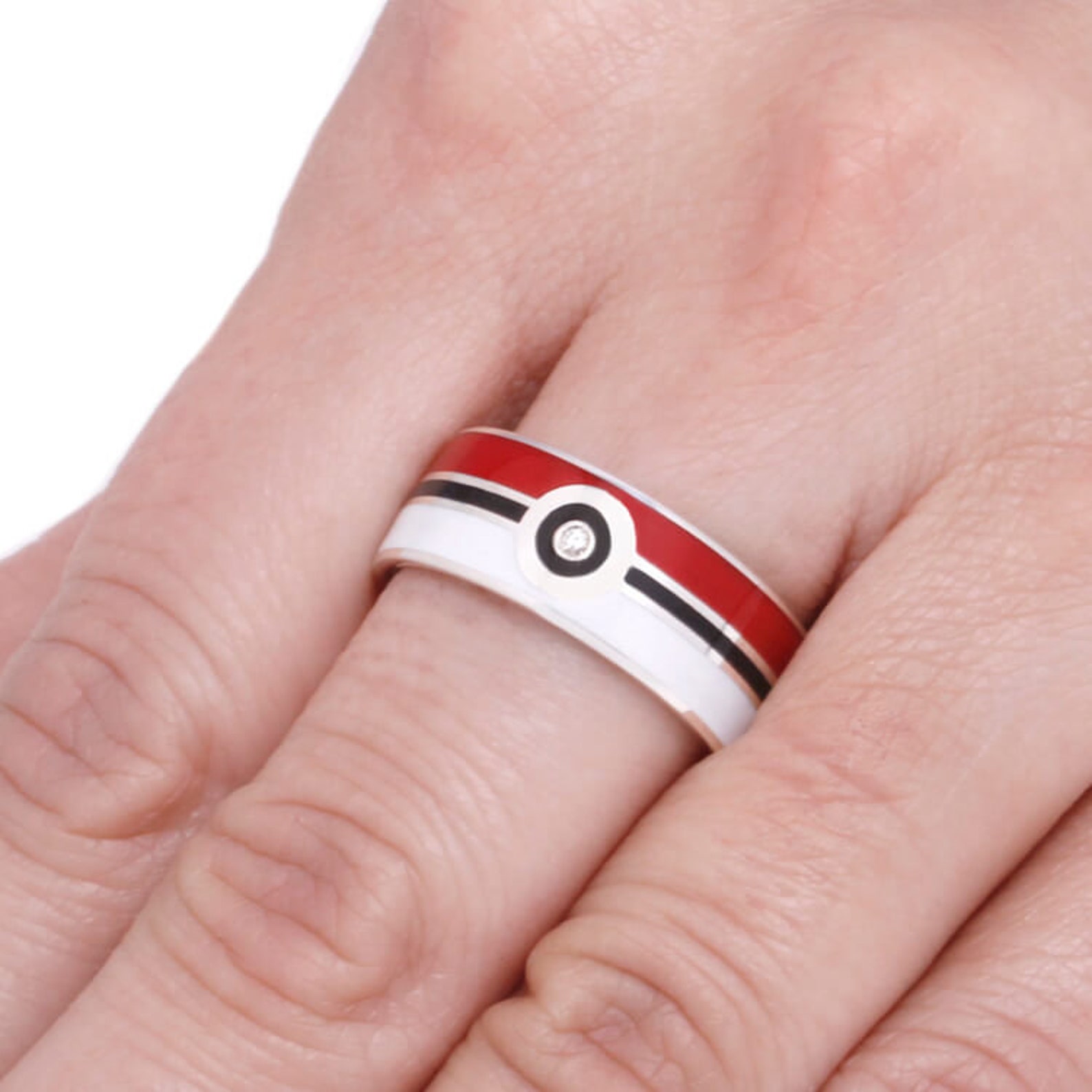 Pokeball Moissanite Ring, Red White Black Enamel, Sterling Silver ...