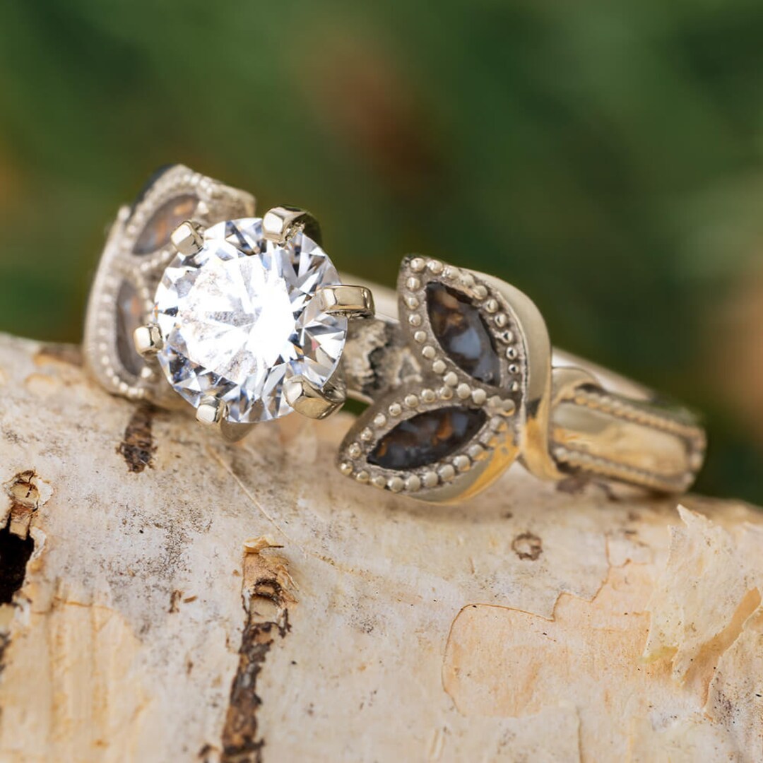 Floral Engagement Ring With Dinosaur Bone, Handmade Solitaire - Etsy
