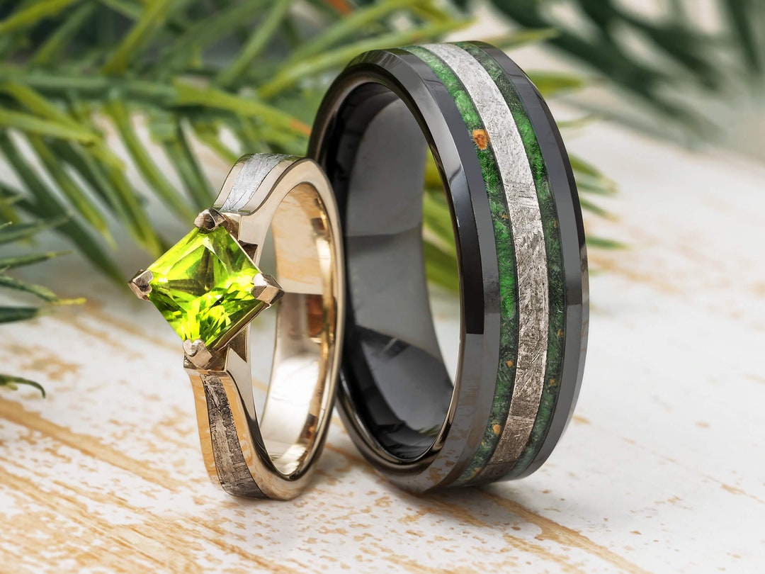 Green Wedding Rings Set Peridot Engagement Ring & Black - Etsy