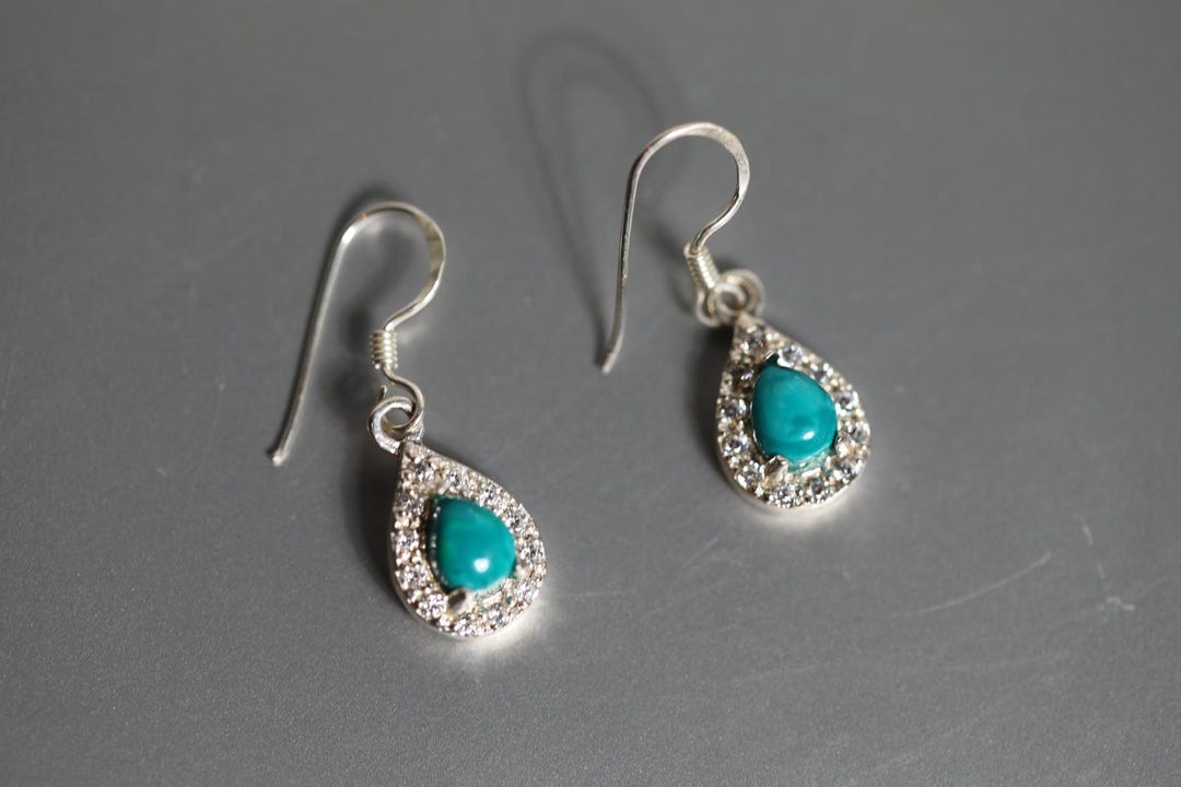 Genuine Eilat Stone With Zircons Earrings , 925 Silver, Turquoise ...