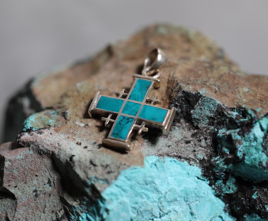 Genuine Eilat Stone Jerusalem Cross Pendant, 925 Silver, Turquoise ...