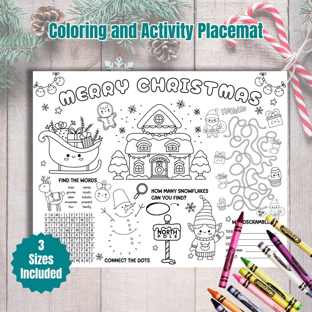 Christmas Coloring and Activity Placemat, Christmas Activity Sheet ...