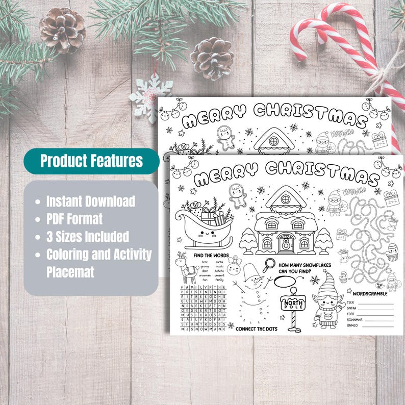 Christmas Coloring and Activity Placemat, Christmas Activity Sheet ...