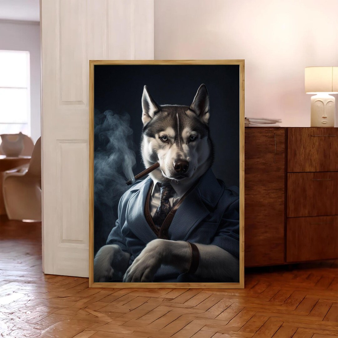Siberian Husky in Suit Smoking a Cigar, Funny Animal Print, Digital Art ...