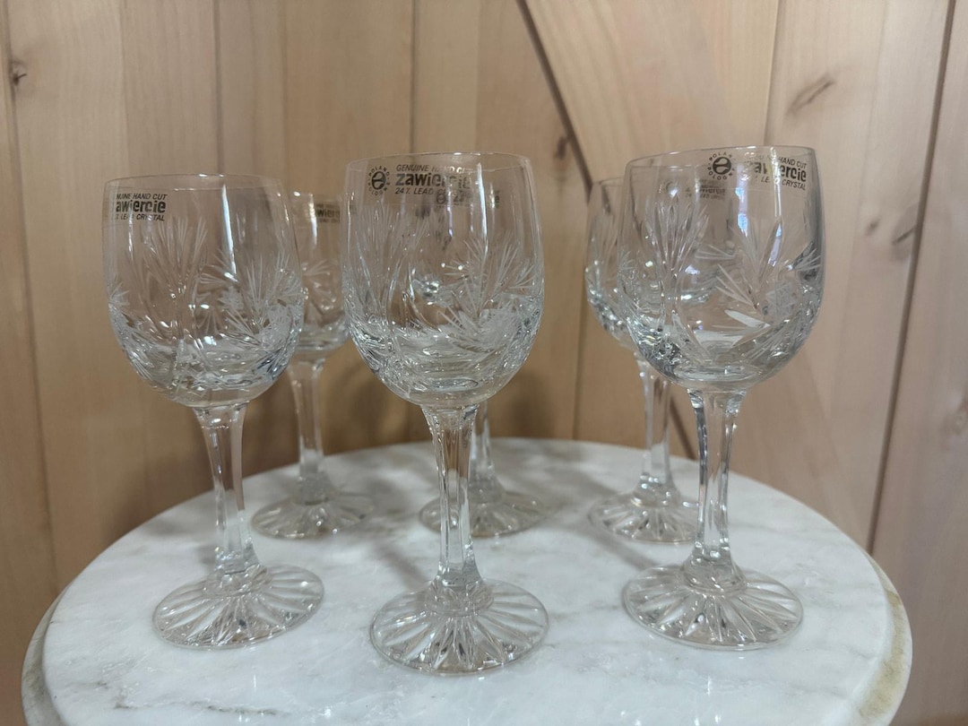 Vintage Zawiercie Poland Monika Pinwheel Cut Crystal Wine Glasses Set 6 ...