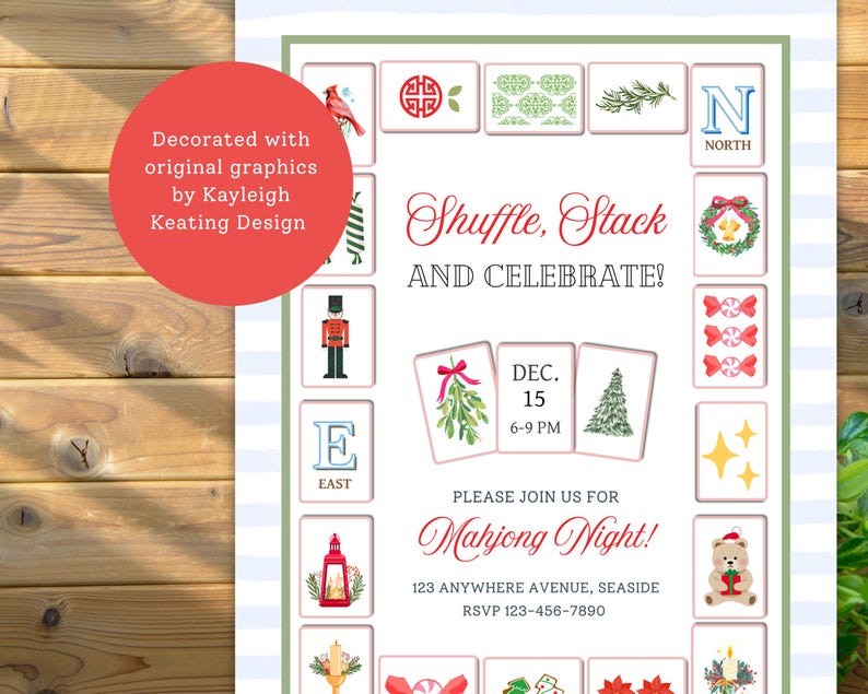 Editable Mahjong Invitation: Christmas Holiday Game Night Template ...