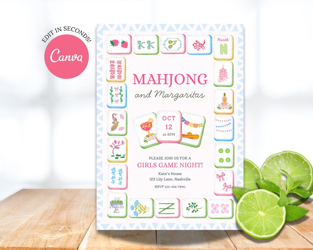 Mahjong & Margaritas Party Invitation: Editable Canva Template (digital ...