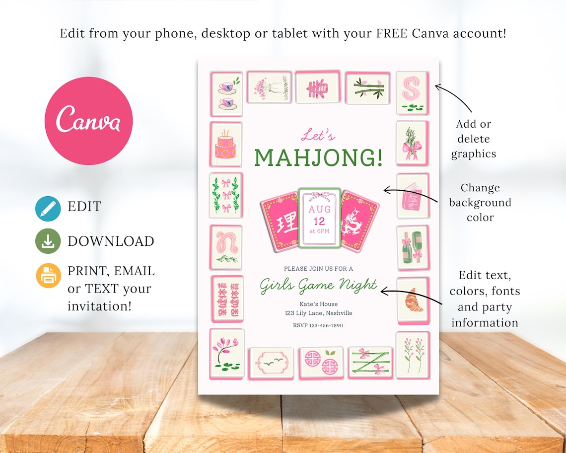 Mahjong Invite | Editable Girls Game Night Invitation | Printable ...