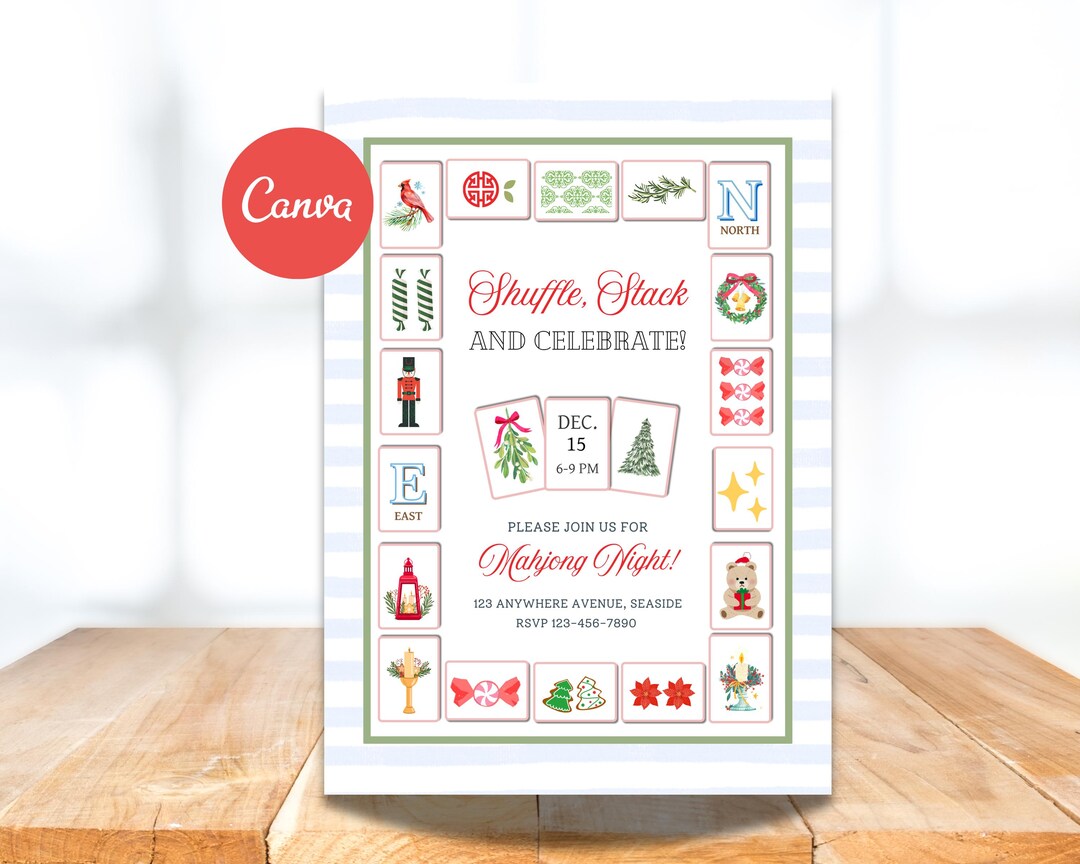 Editable Mahjong Invitation: Christmas Holiday Game Night Template ...
