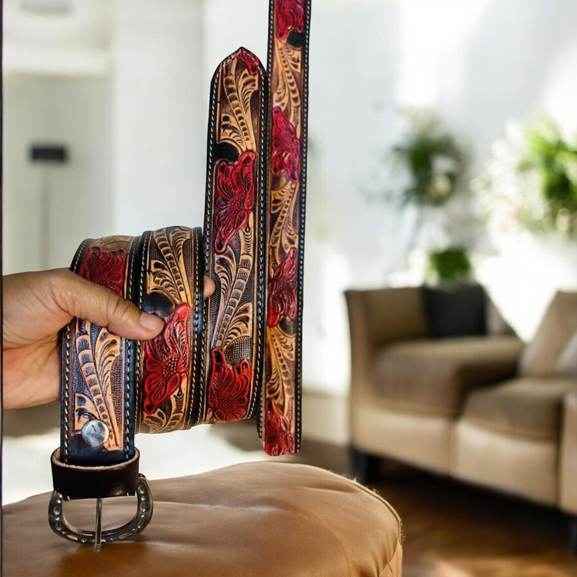 Western Embossed Leather Belt, Custom Full Grain Snap Belt, Bohemian ...