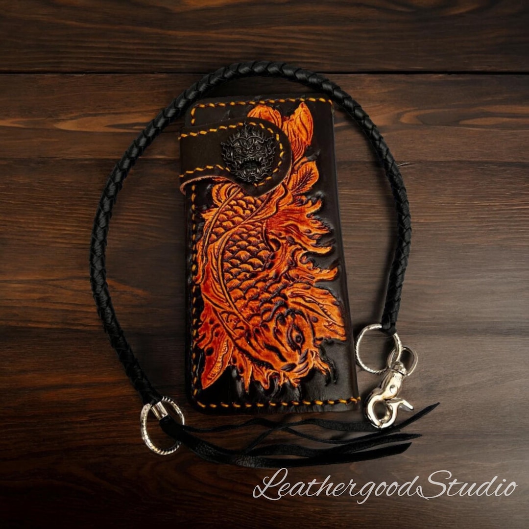 Koi Fish Leather Wallet, Handmade Long Wallet With Chain, Hand Tooled ...