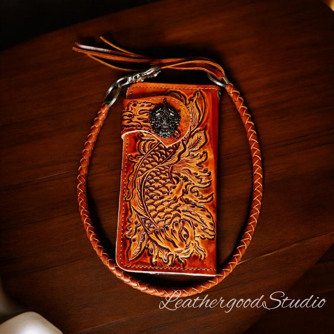 Hand Tooled Koi Fish Leather Long Wallet With Chain, Handmade Western ...
