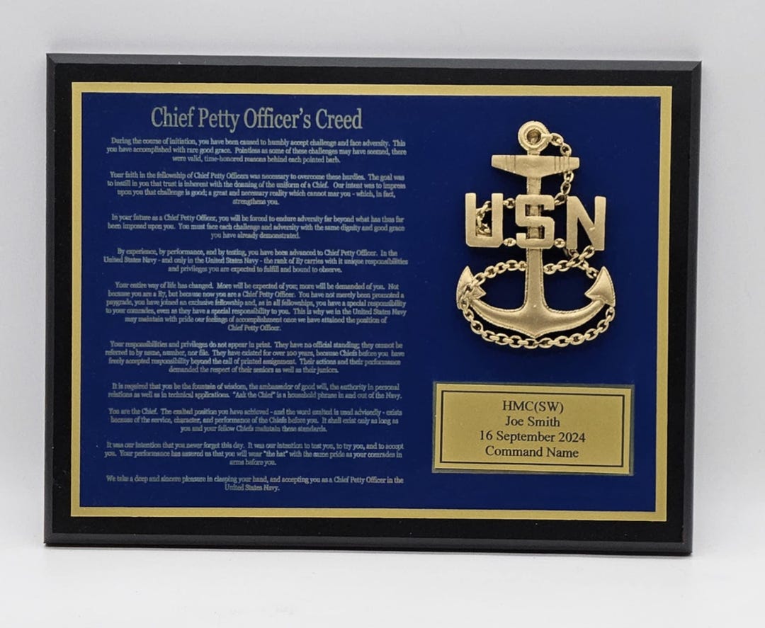 Chief Petty Officer Plaque (CPO) #5 - Blue Brass on Black Plaque W ...