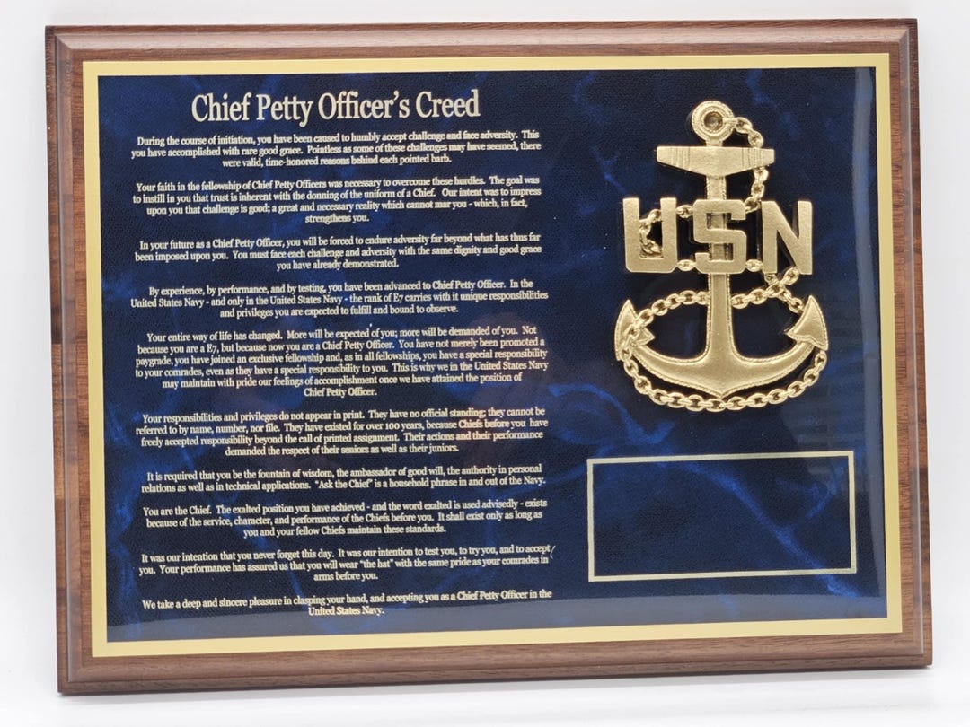 Chief Petty Officer Plaque (CPO) #8 - Blue Marble on Solid Walnut W ...